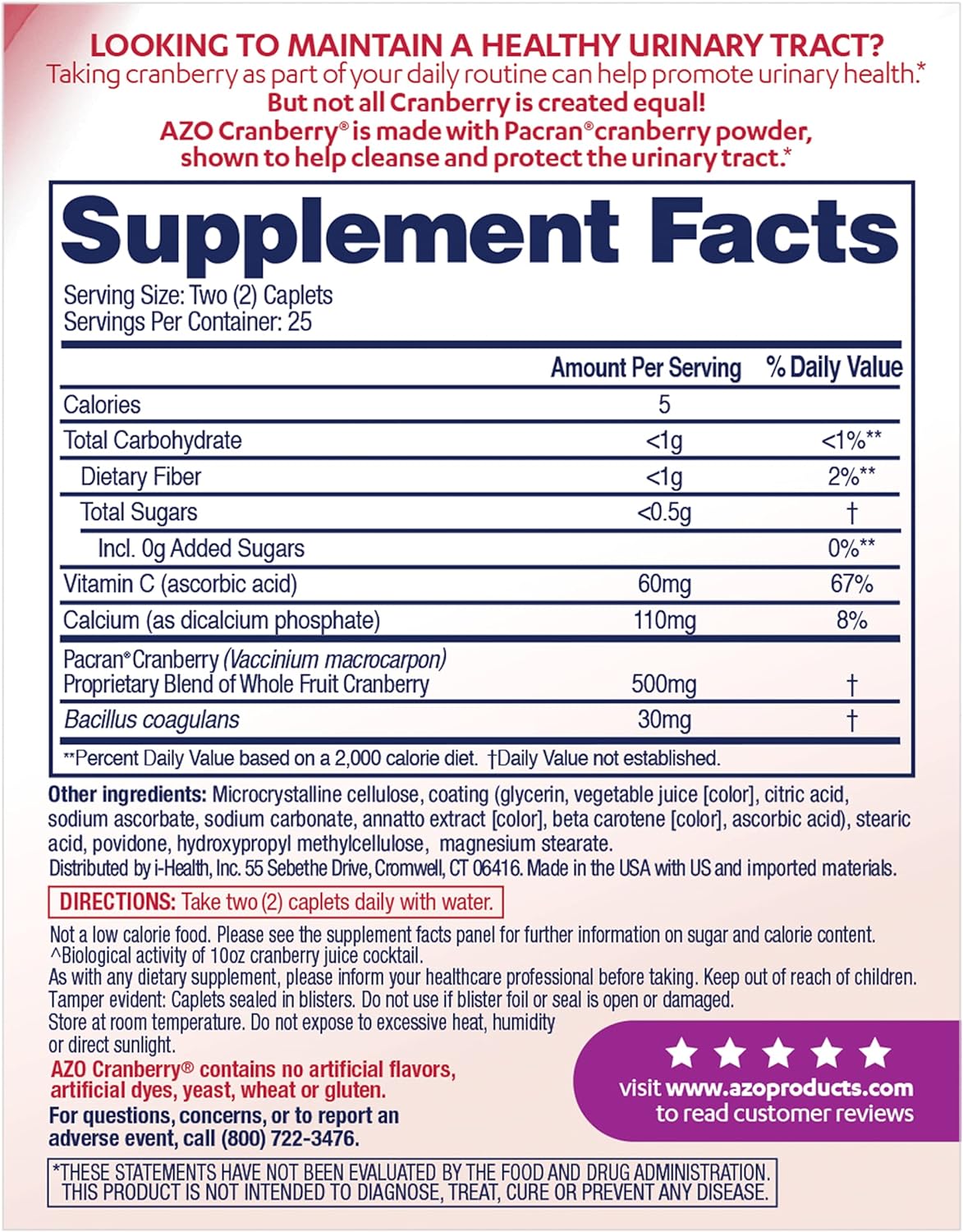 AZO | Cranberry Caplets | Urinary Tract Health Support | 50 Count ...