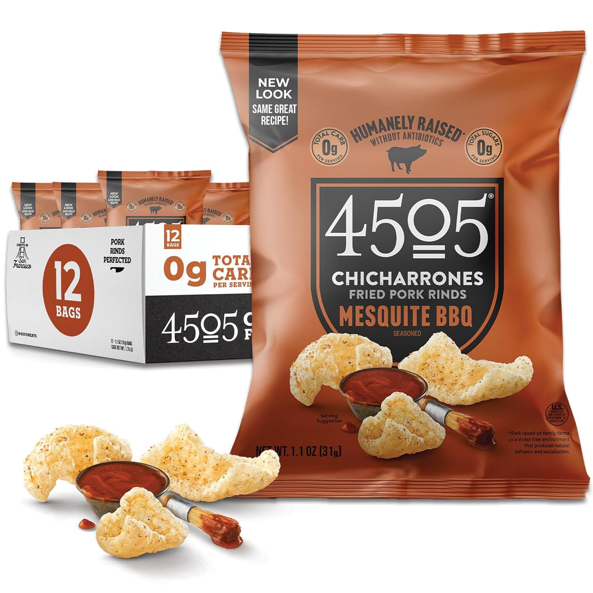 4505 - Pork Rinds Chicharrones Smoked BBQ, 3 oz (Pack of 12) - Gluten ...