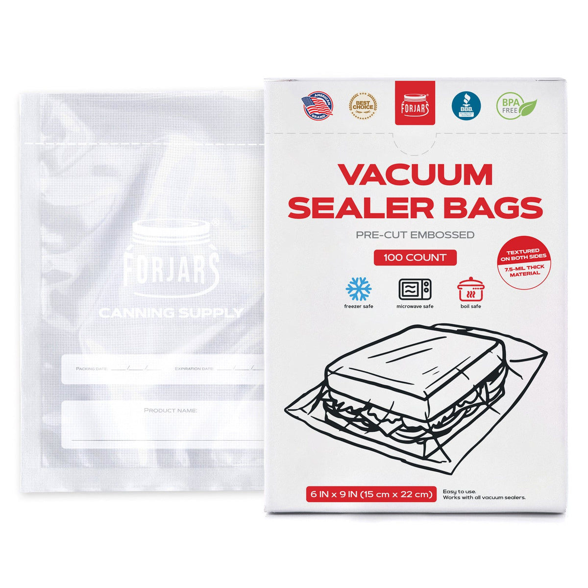 100 Count 6x9 Vacuum Sealer Bags - Textured on Both Sides, 7.5 Mil Thi ...