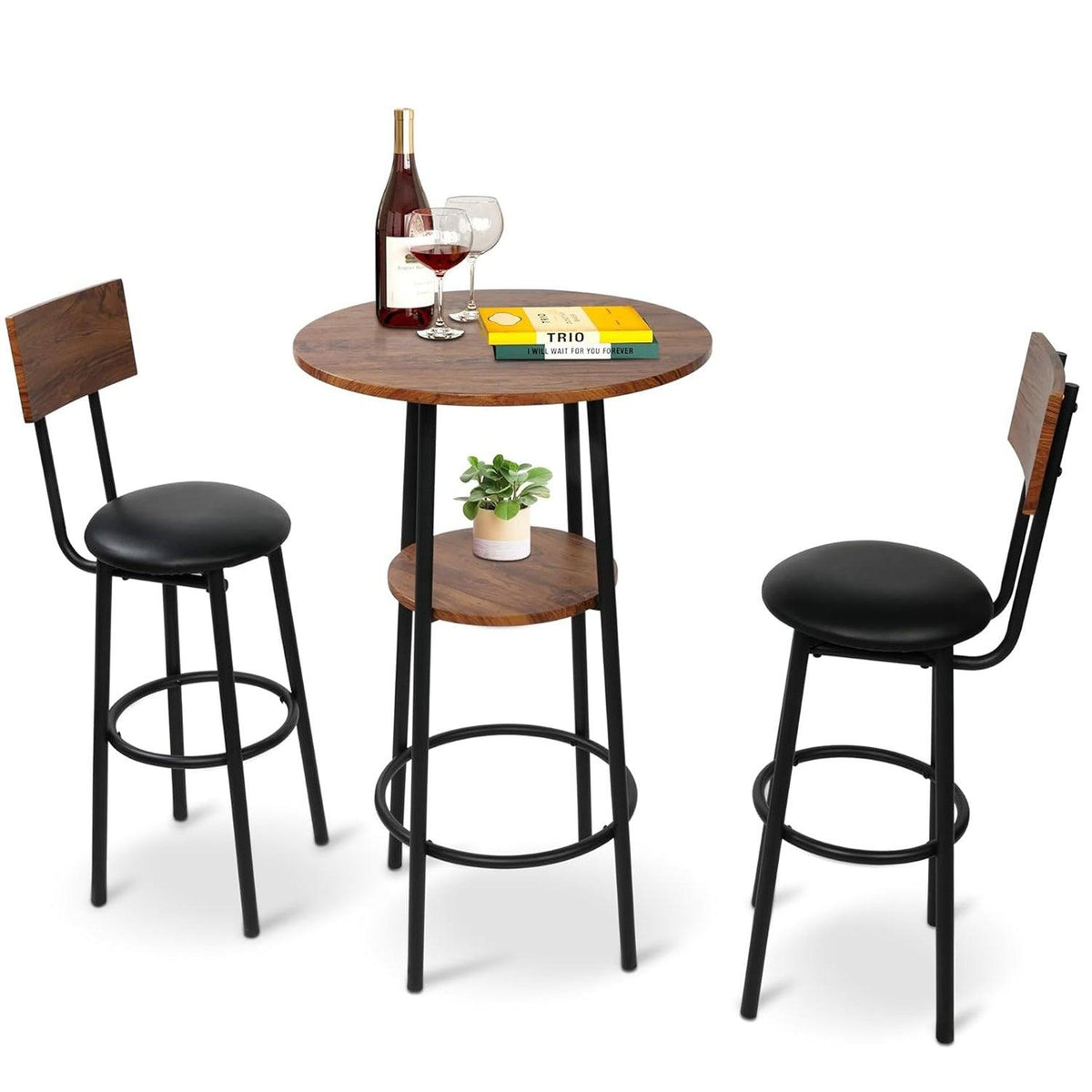 Round Bar Table and Chairs Set, 2-Tier Table and PU Upholstered Stools ...