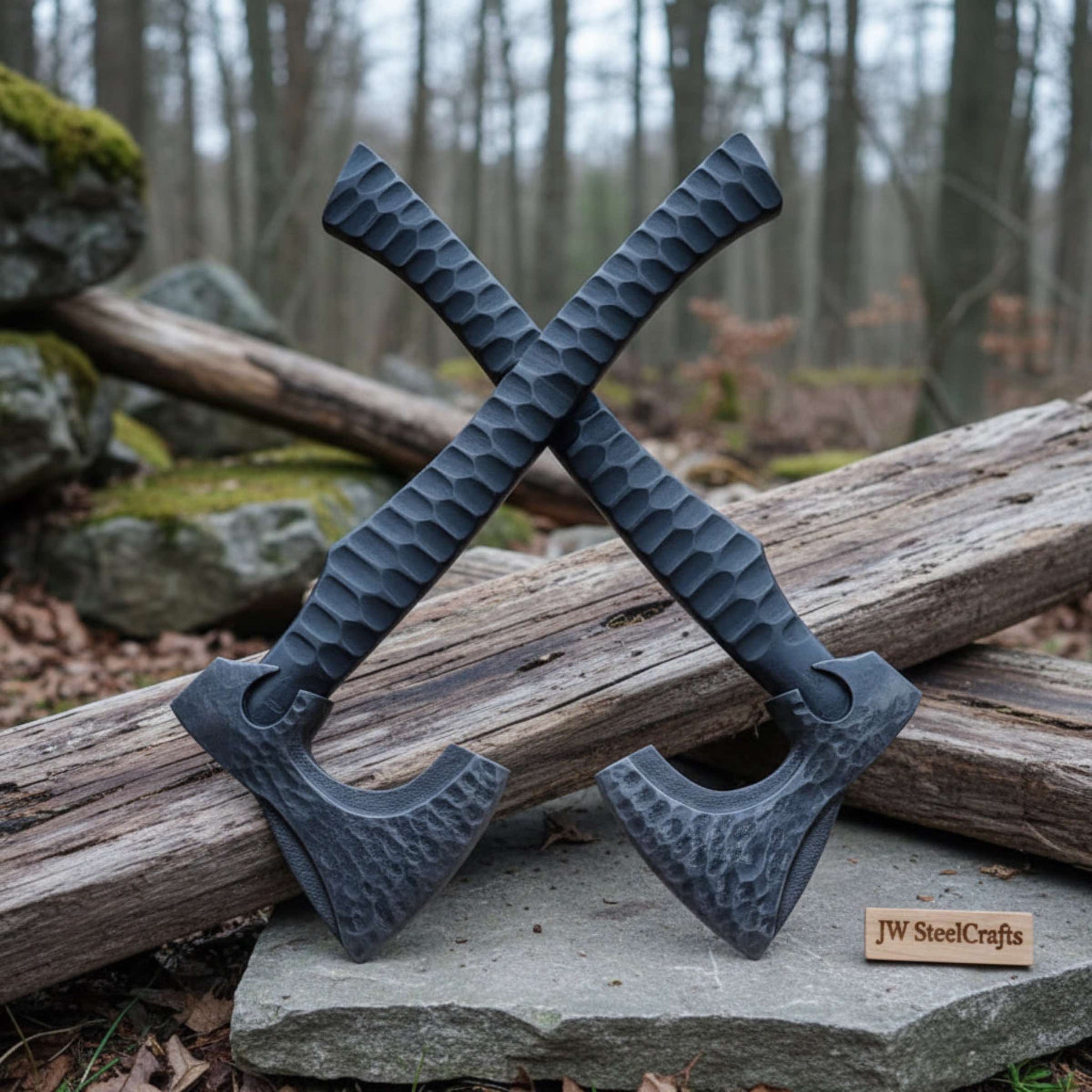 Forged Tool Axe Duo – Textured Steel Heads with Sculpted Hardwood Hand ...