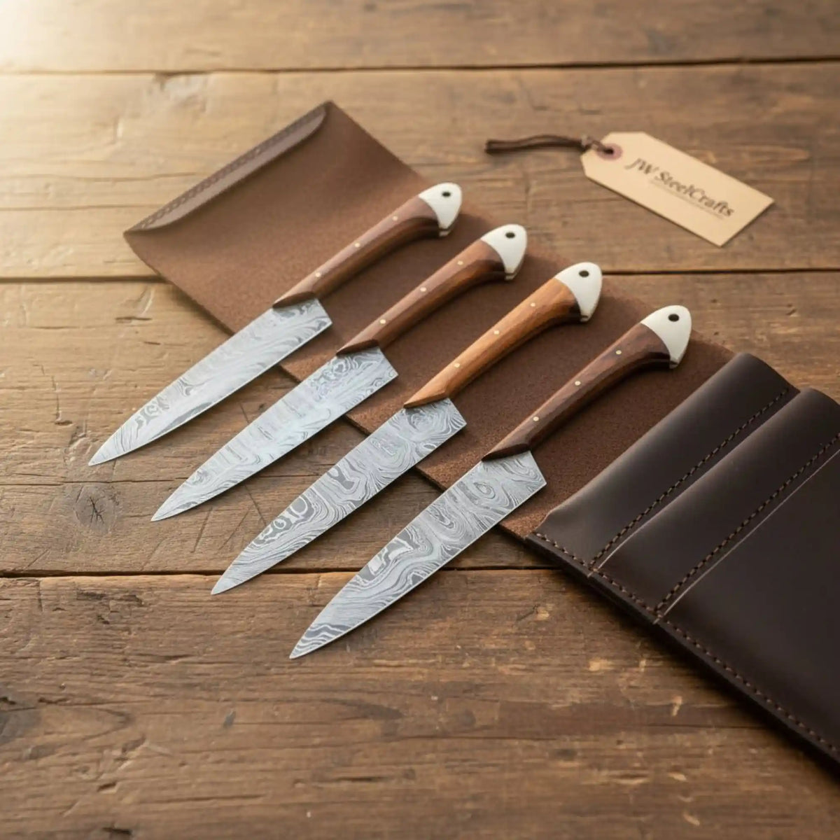 Damascus Cutlery Set - Santoku, Chef Knife, Cleaver, Petty Knife & Hon ...