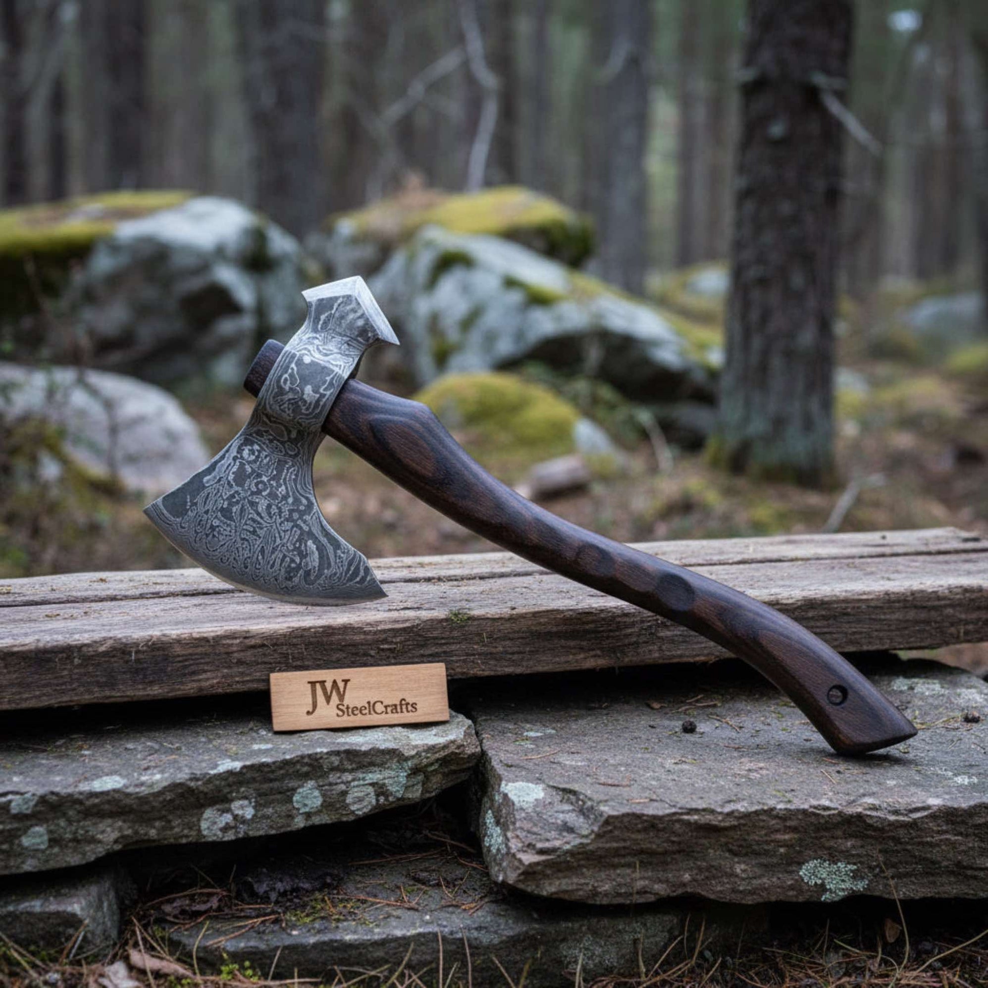 Hand-forged Scandinavian Forest Axe with Damascus Blade and Ergonomic ...