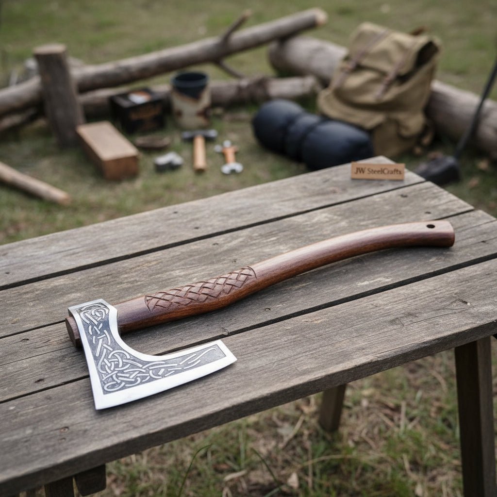 Hand-Forged Viking Bearded Camp Axe with Engraved Head and Leather Wra ...