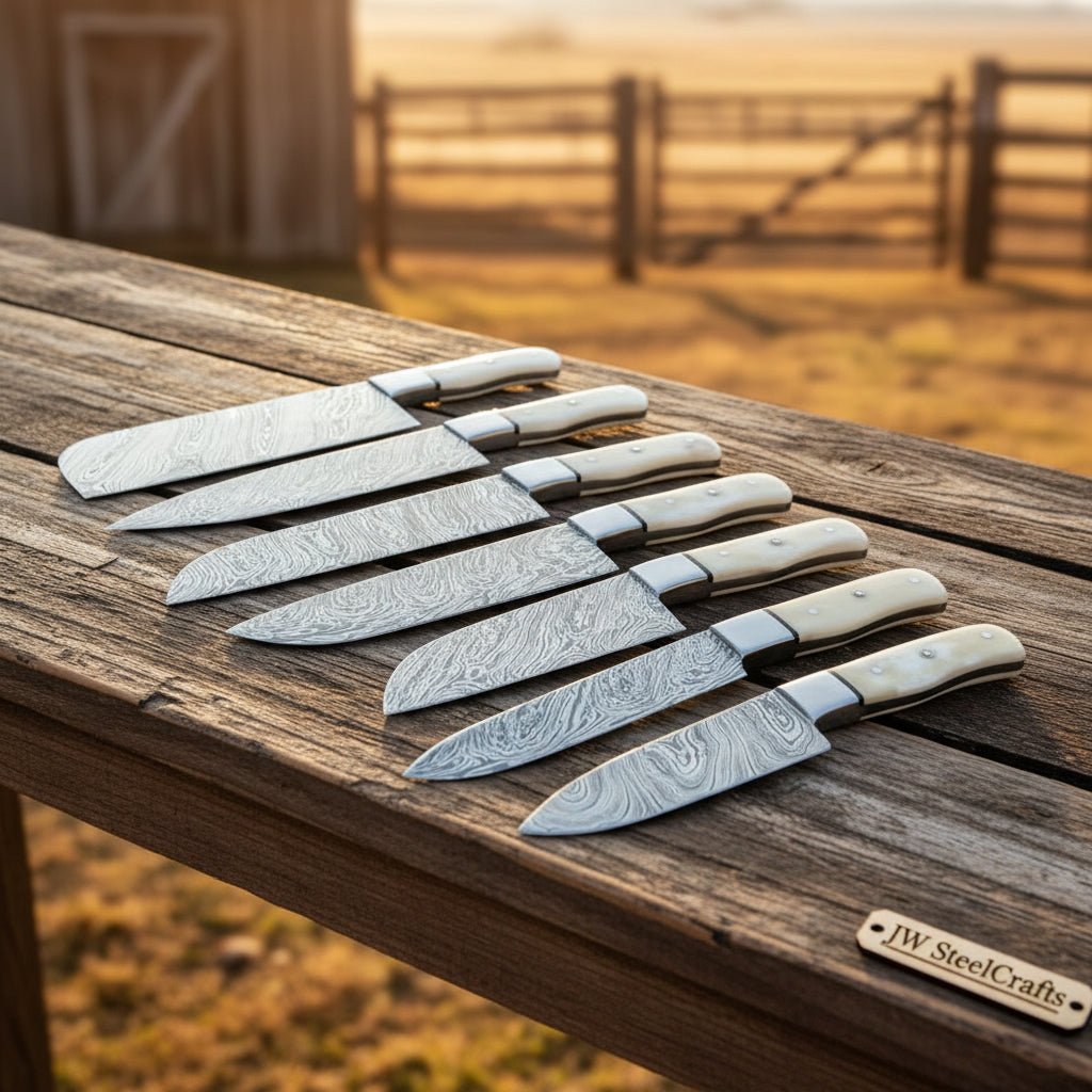 7-Piece Handmade Damascus Steel Kitchen Knife Set – Camel Bone Handles ...
