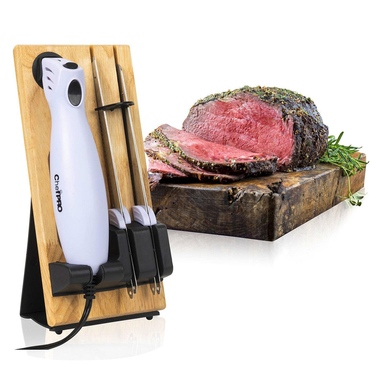 PREMIUS Serrated Carving Electric Knife Set With Wooden Storage Tray ...