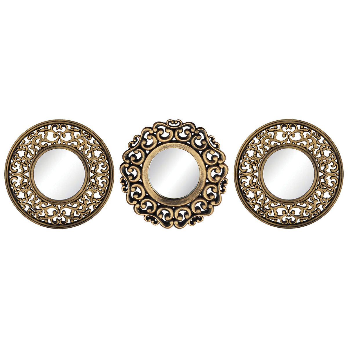 PREMIUS 3-Piece Brushed Gold Mirror Set Wall Decor Scroll, Antique Gol ...